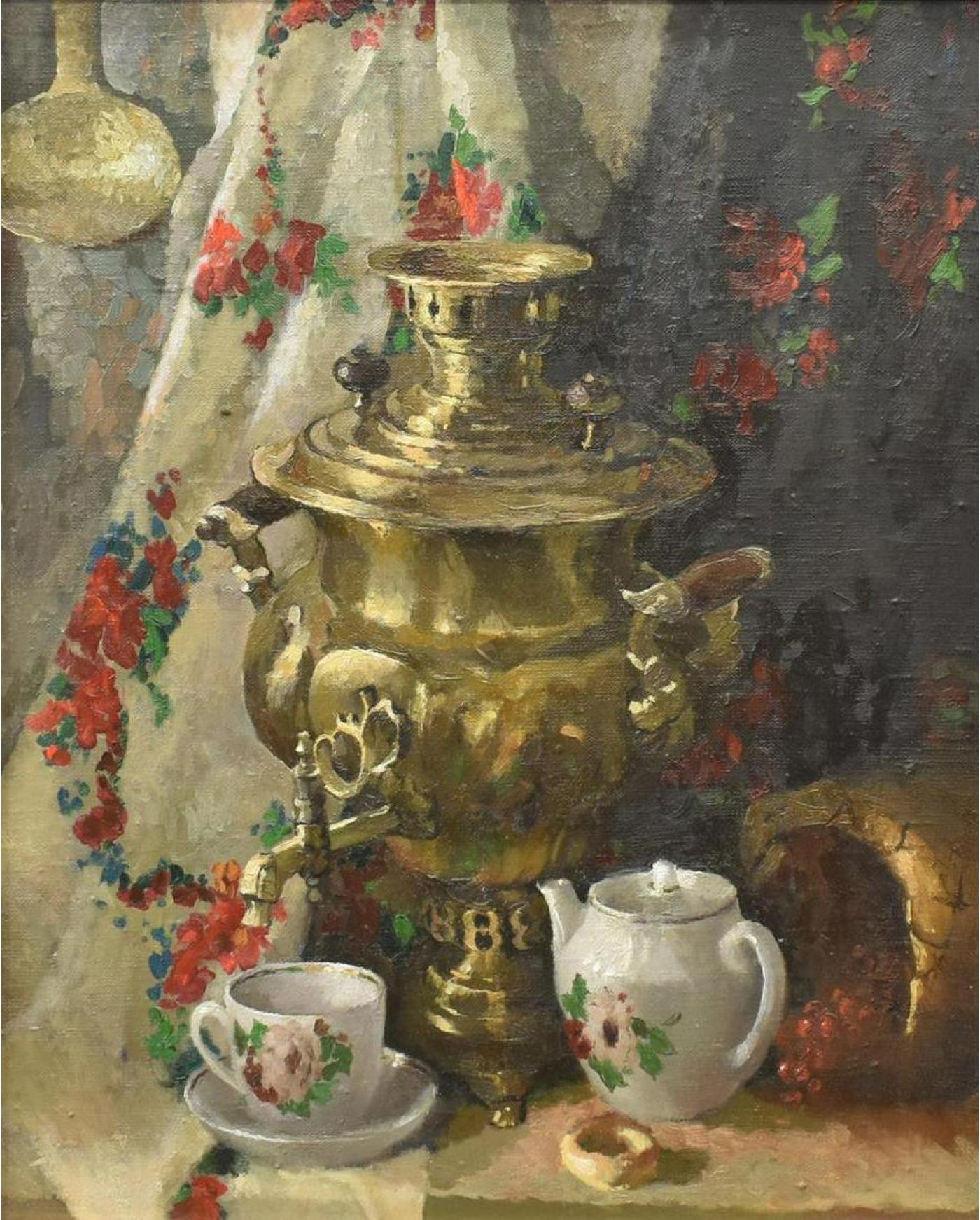 Superb Russian Still Life Original Oil Painting W Samovar