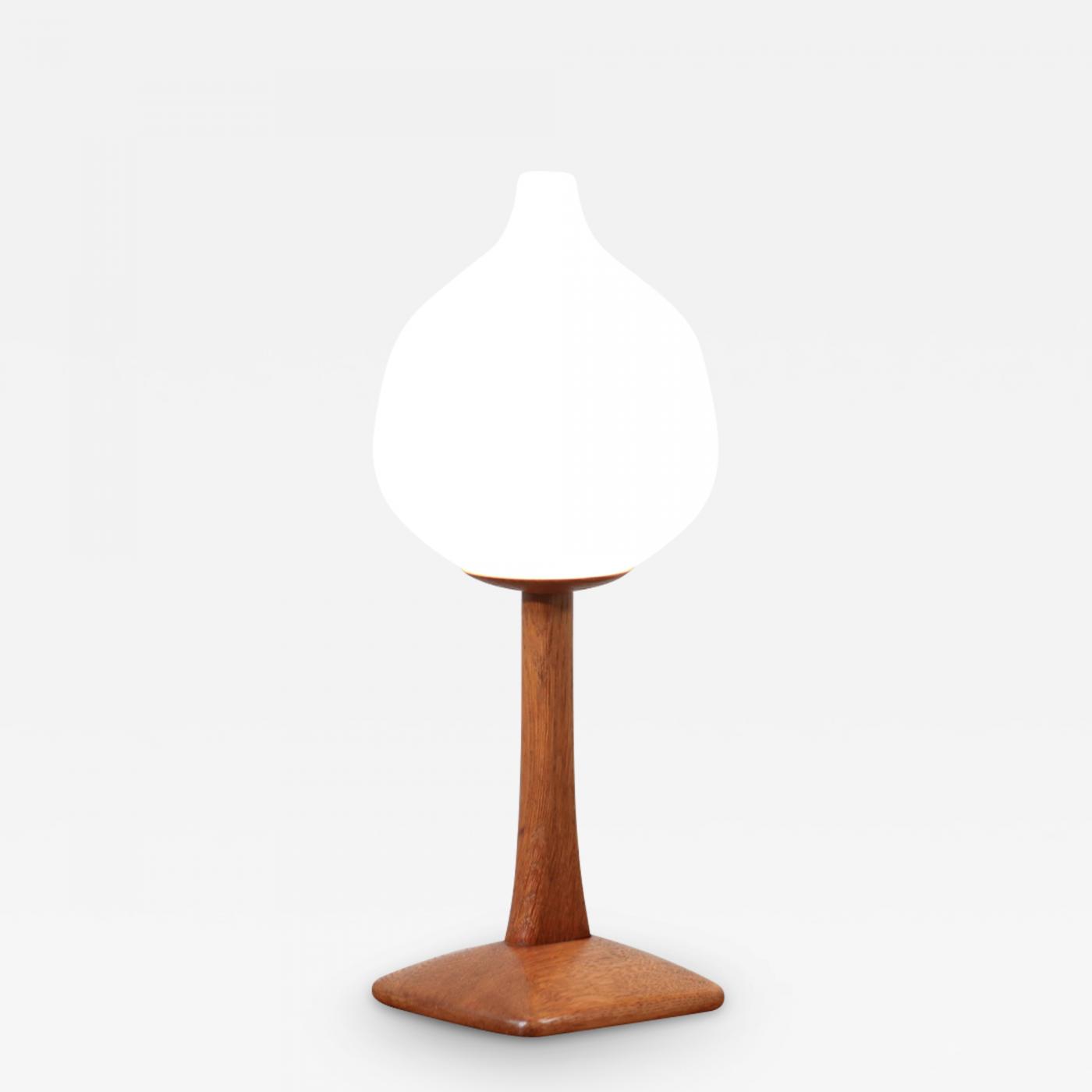 Swedish Frosted Glass & Sculpted Oak Table Lamp by Uno & Östen Kristiansson