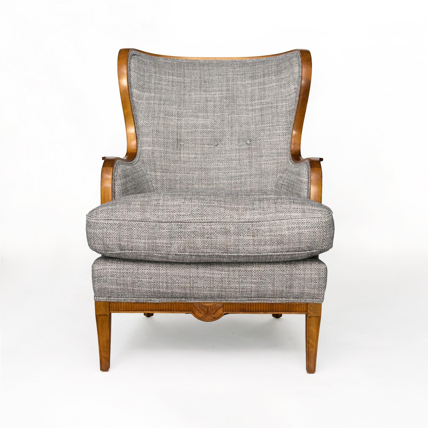 Swedish Grace, Art Deco large wingback chair with carved stolid birch ...