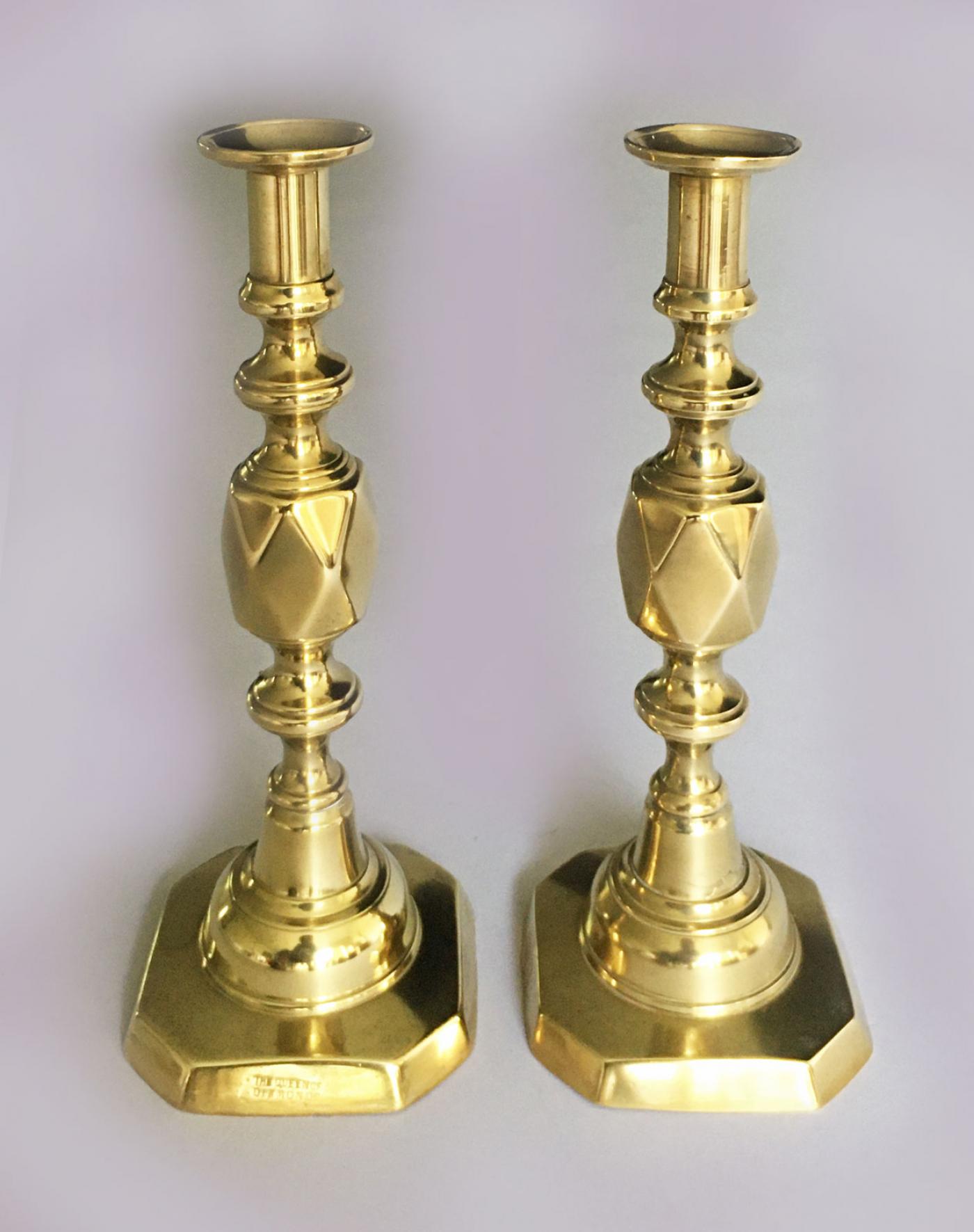 The King of Diamonds Brass Candlesticks, a Pair