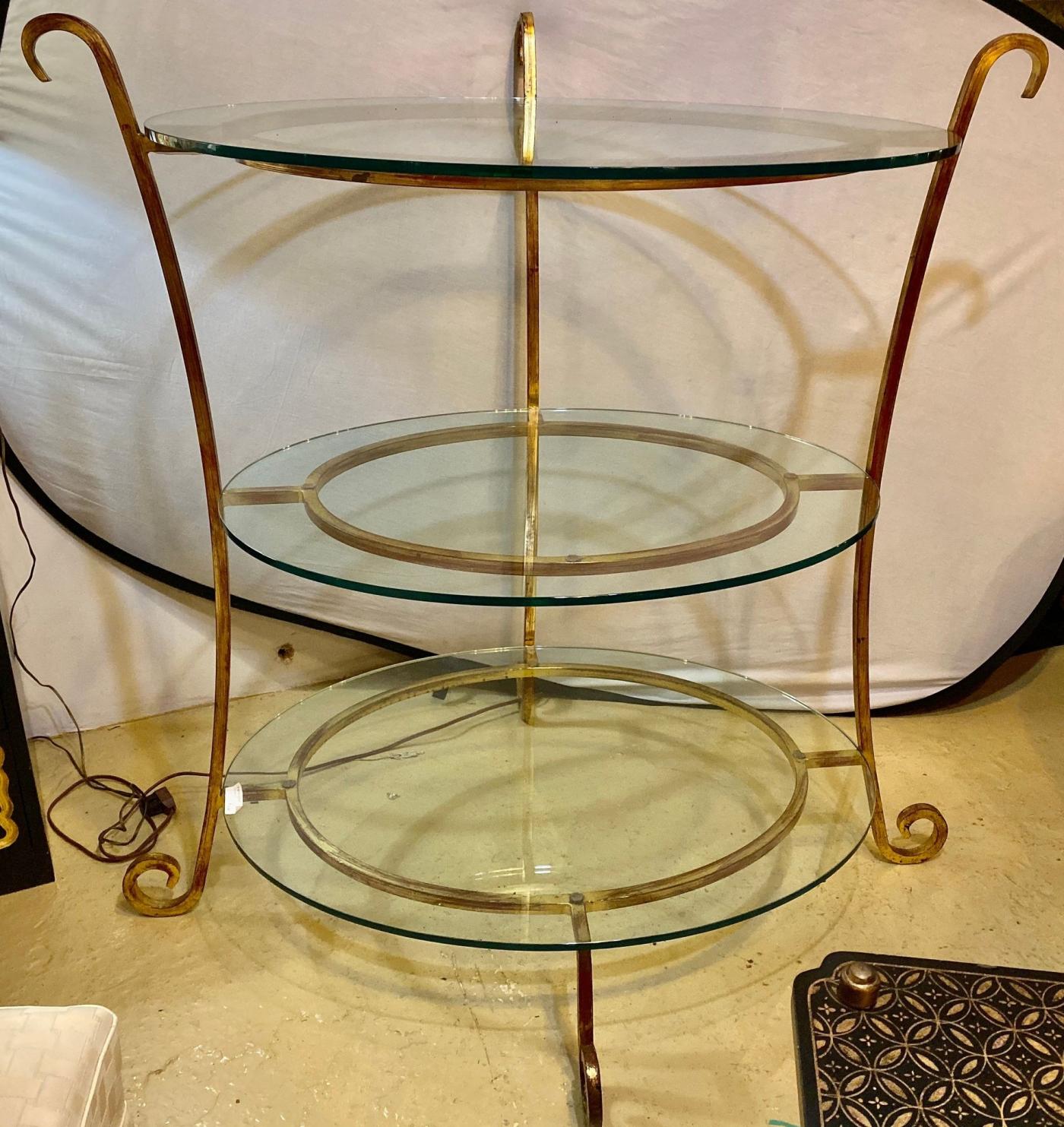 Three-Tier Tall Wide Glass and Gilt Metal Étagère Server Hollywood ...