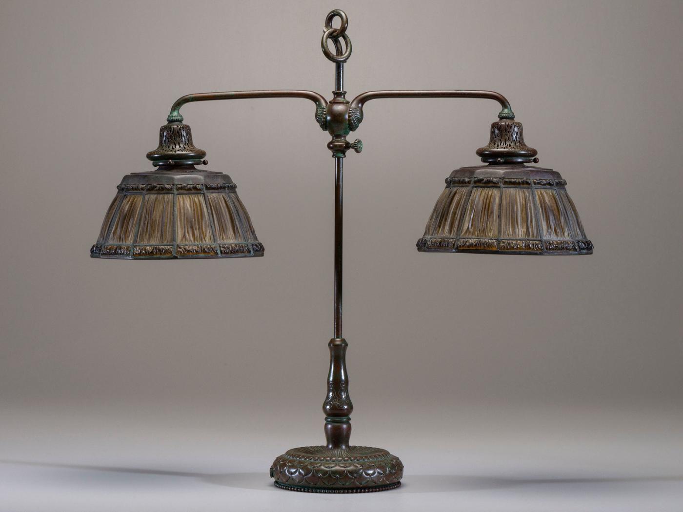 Tiffany Studios - Rare Linenfold Double Student Table Lamp Tiffany Studio