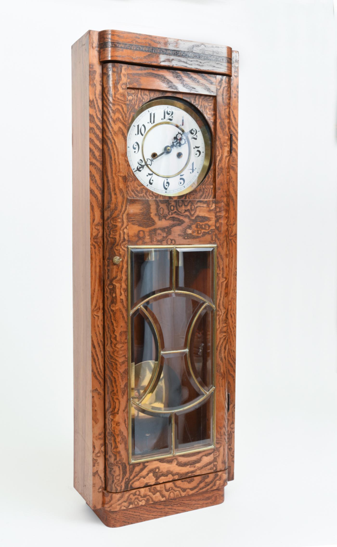 Tiger Oak Case Beveled Glass Trimmed Brass Wall Clock