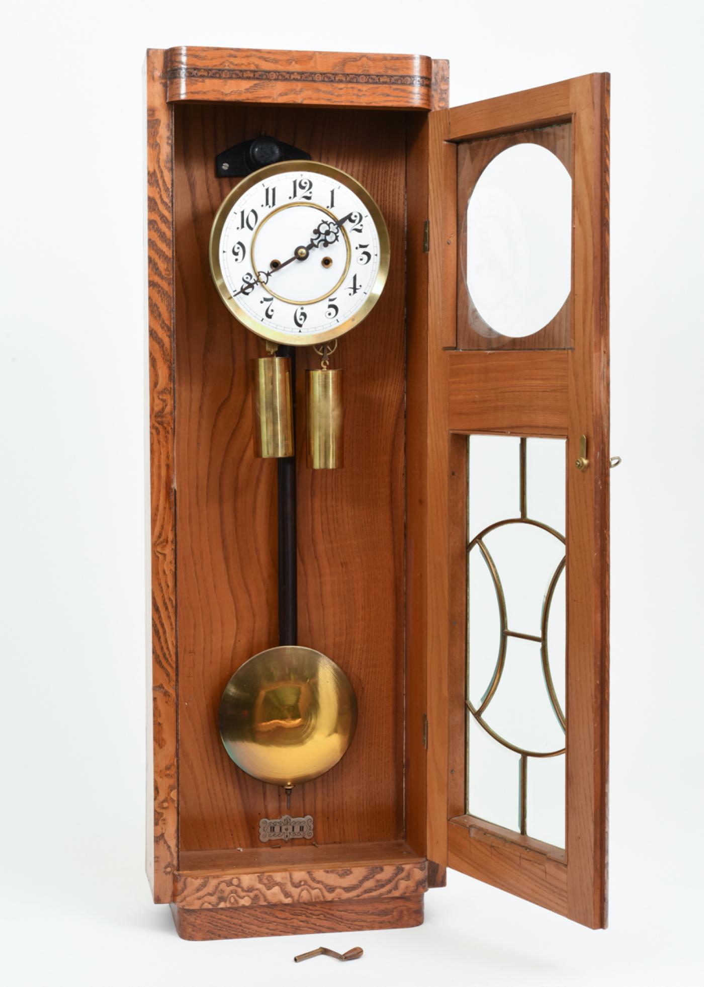 Tiger Oak Case Beveled Glass Trimmed Brass Wall Clock