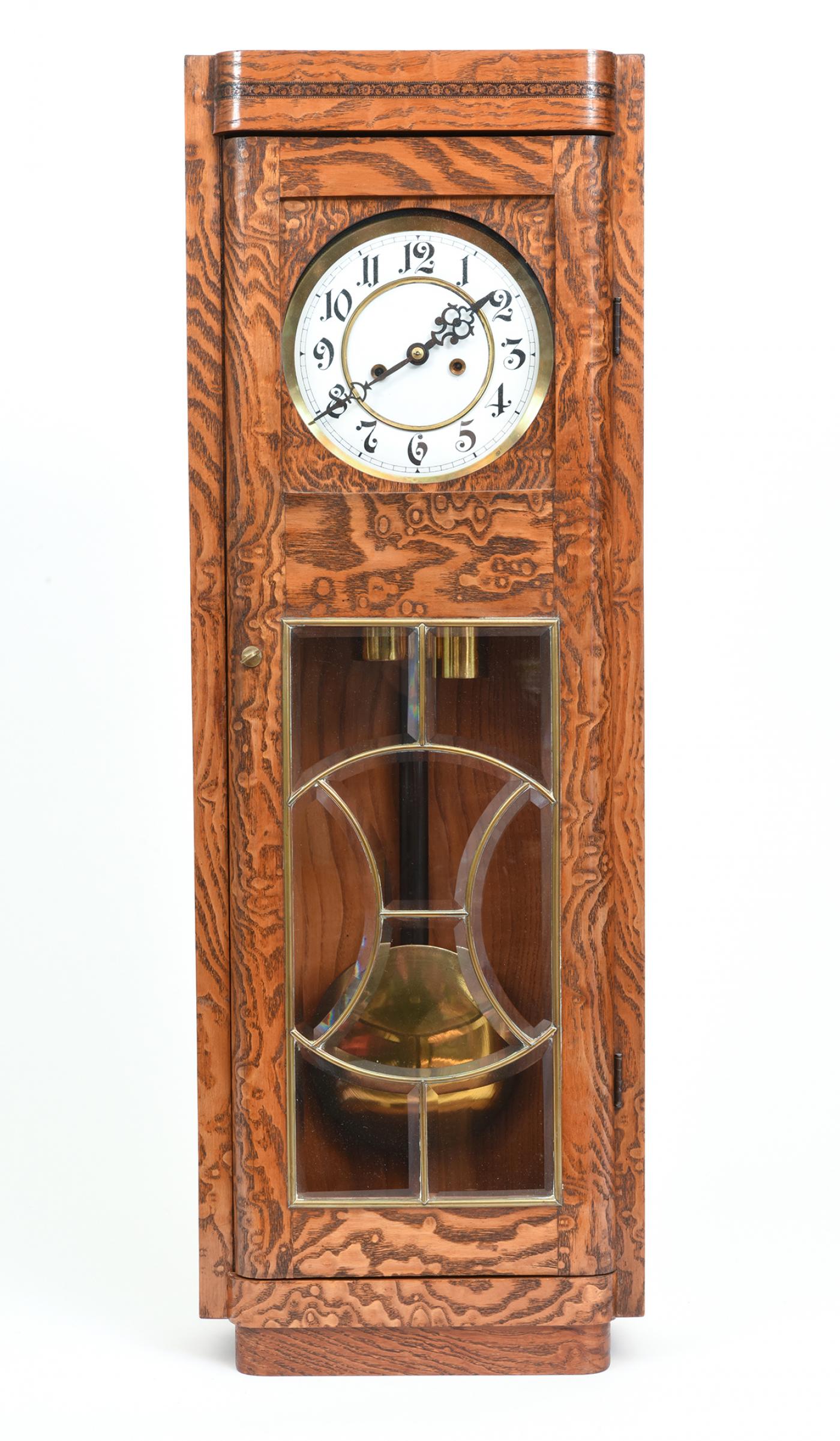 Tiger Oak Case Beveled Glass Trimmed Brass Wall Clock