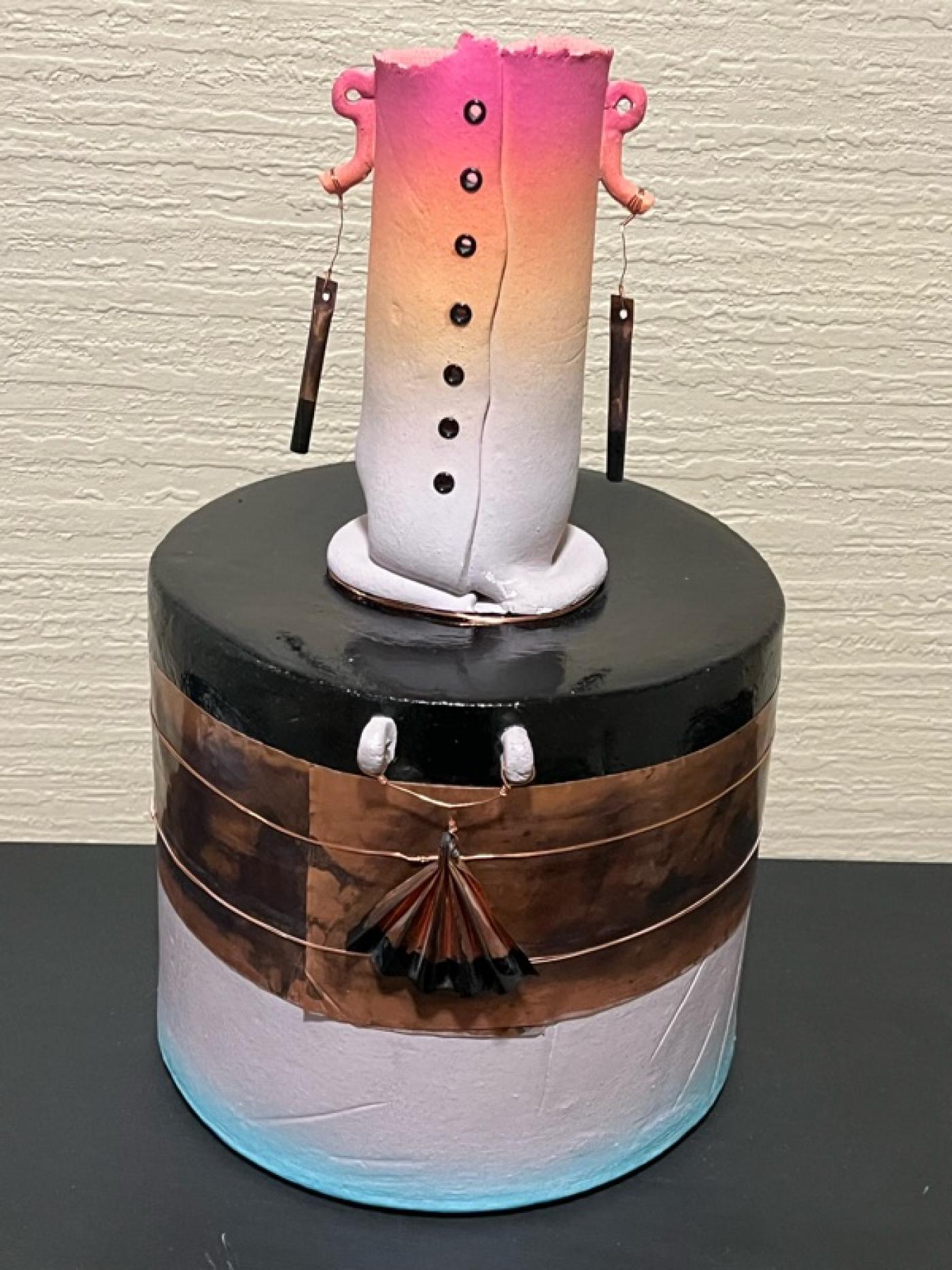 Tim Reilly - UNUSUAL POST MODERN CERAMIC VASE WITH METAL ACCENTS