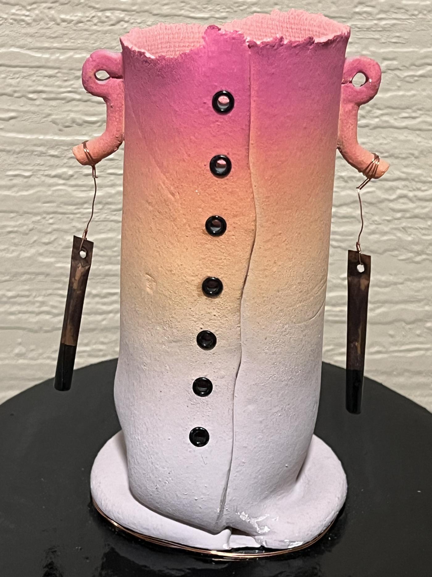 Tim Reilly - UNUSUAL POST MODERN CERAMIC VASE WITH METAL ACCENTS