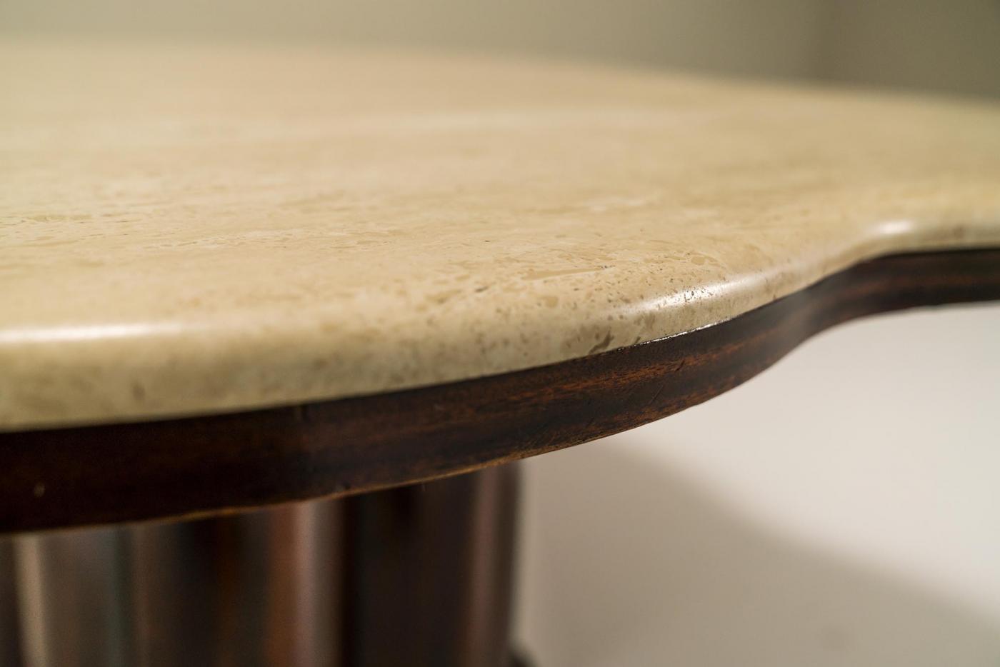 Travertine Clover Shaped Coffee Table With Wooden Base, France 1970's.