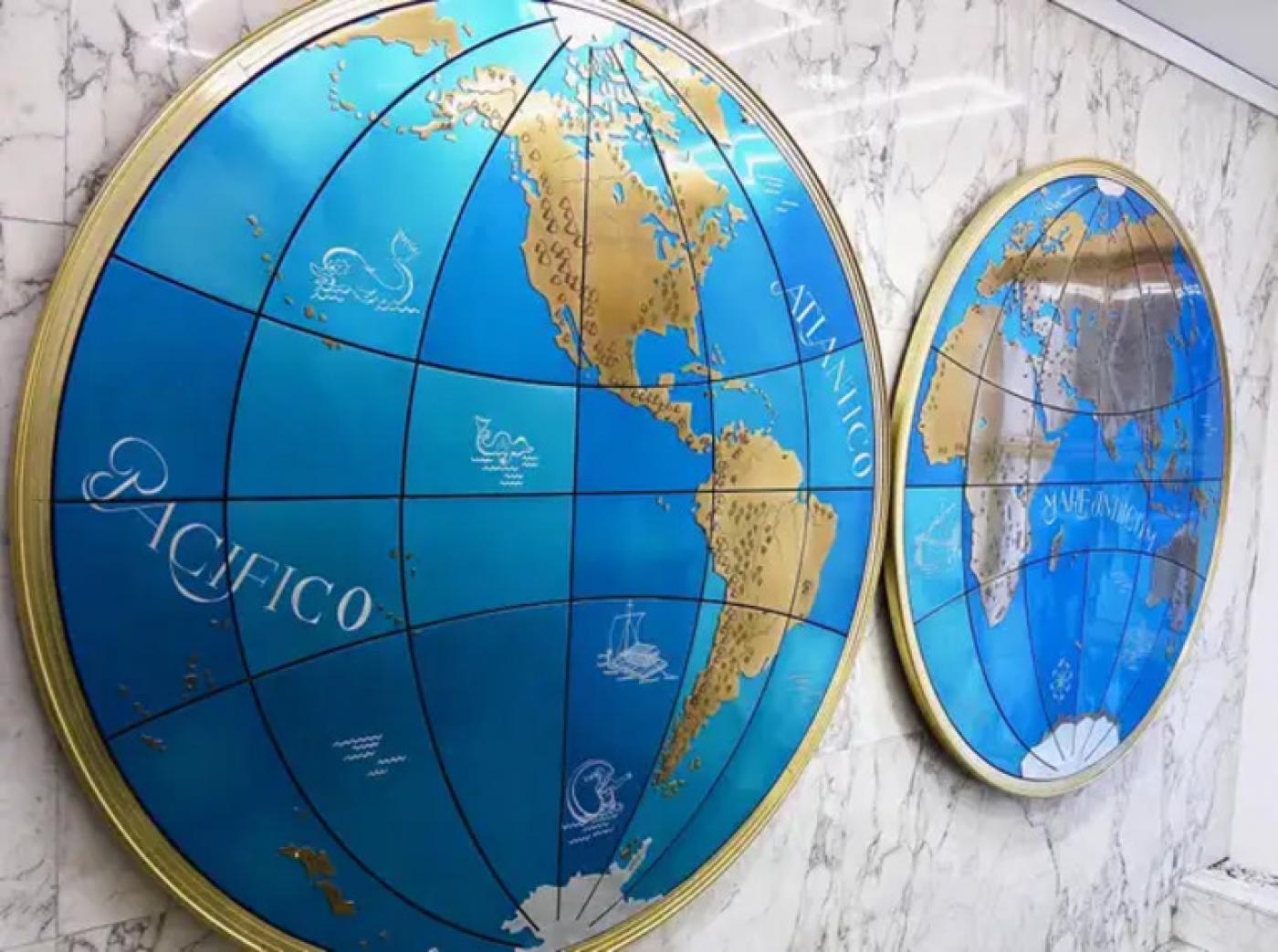 Two Impressive Huge Midcentury World Map Wall Globes, 95" Diameter, 1950s