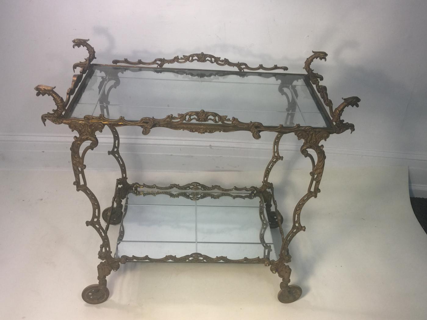 UNUSUAL ELABORATE BAROQUE BRONZE DRAGON BAR CART