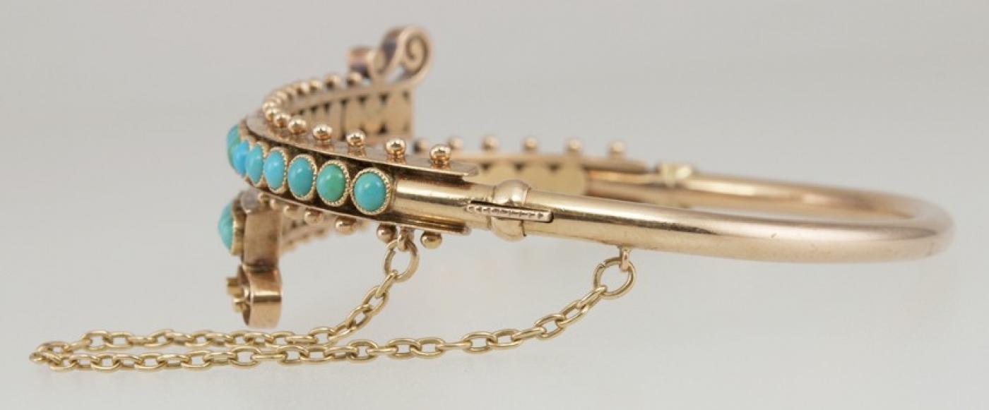 VICTORIAN 14K GOLD TURQUOISE BYPASS BANGLE BRACELET