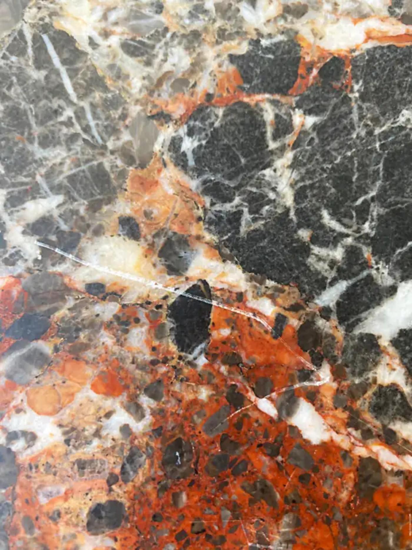 Variegated Marble Dining Table with Painted Steel Legs and Stretchers