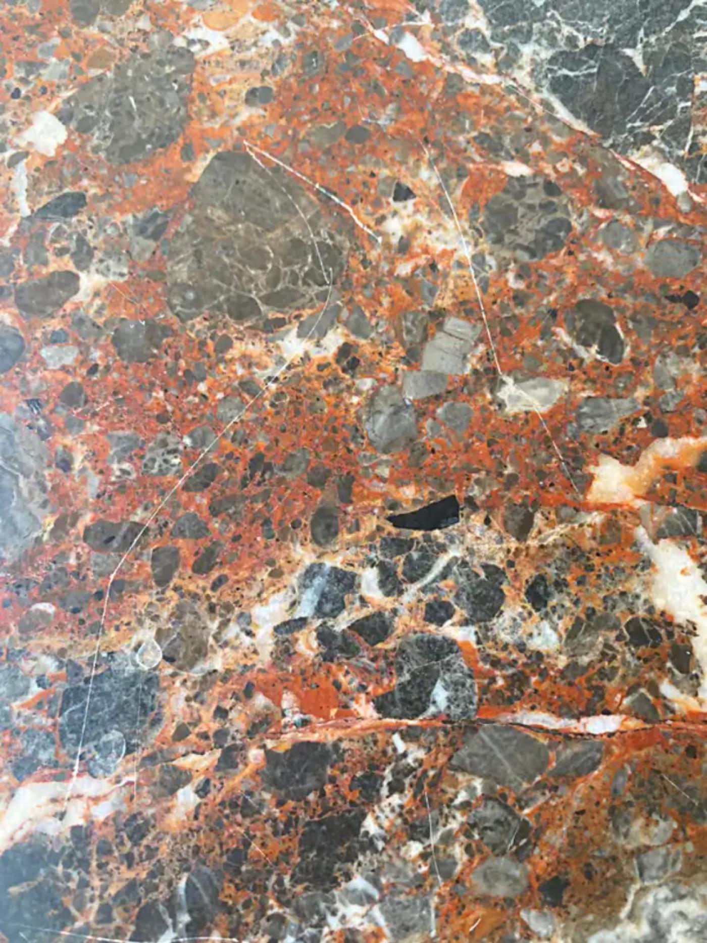 Variegated Marble Dining Table with Painted Steel Legs and Stretchers