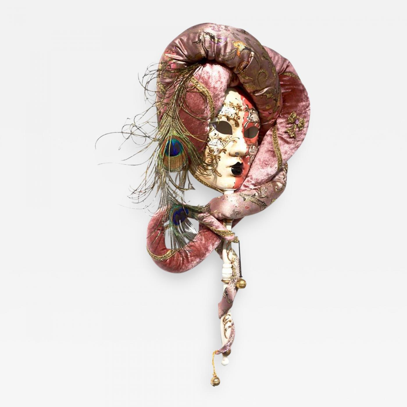 Venetian Handmade Pink Rose Fabric Turban Mask with Handle and Feathers