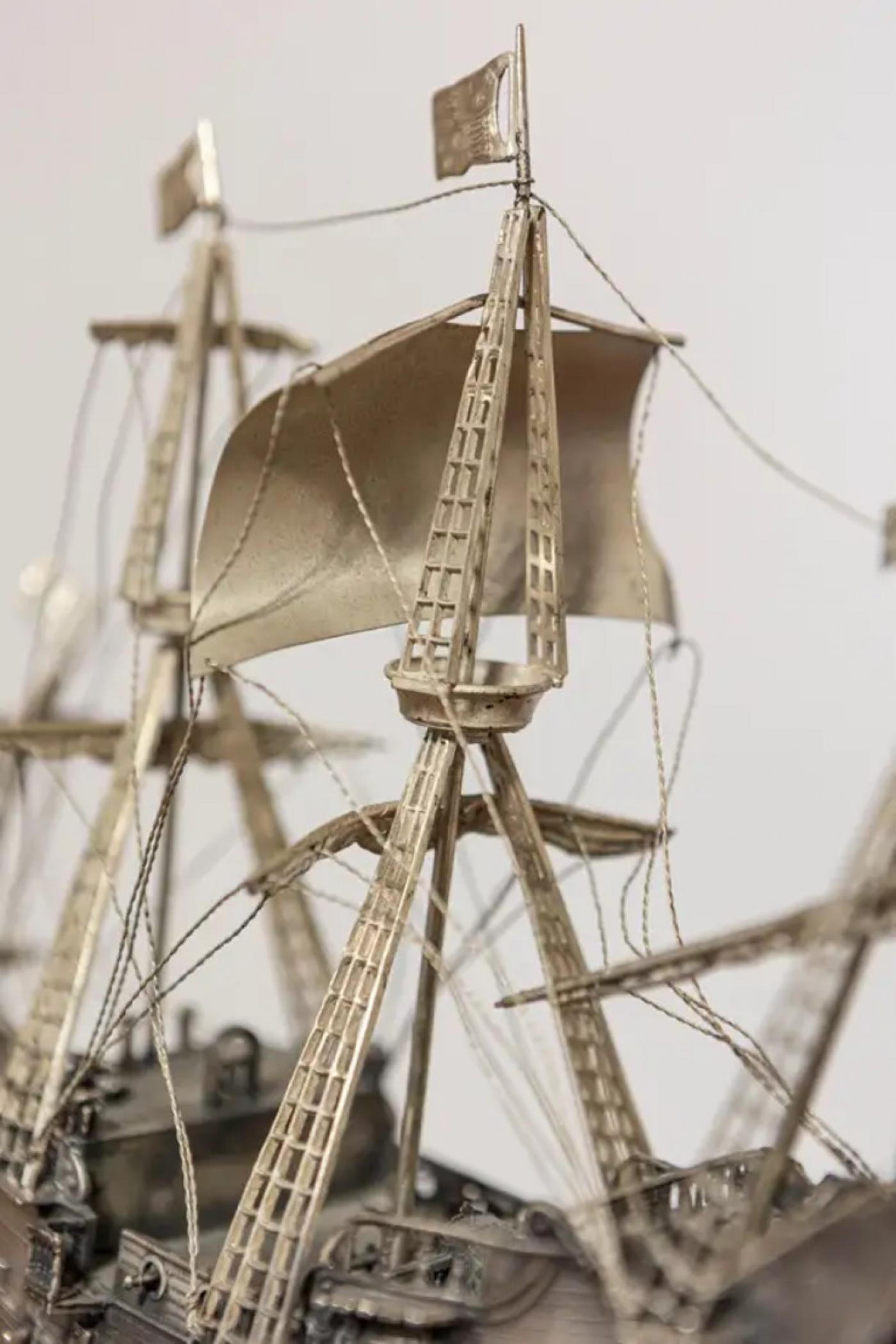 Venetian Pewter Jolly Roger Pirate Model Ship Mounted on Wooden Base
