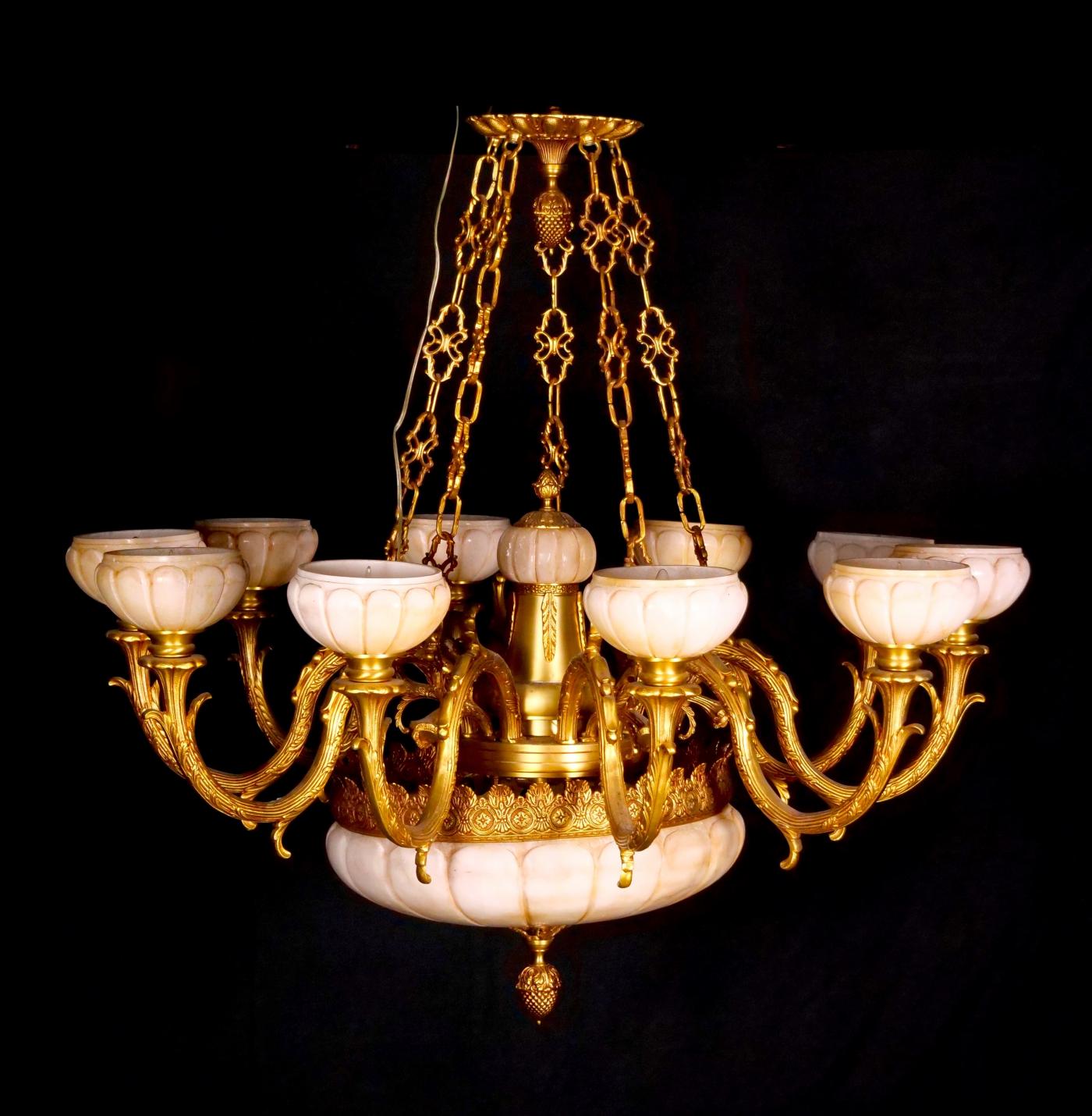 Very Impressive Gilt Bronze Mounted Glass Alabaster Shades Ten Light ...
