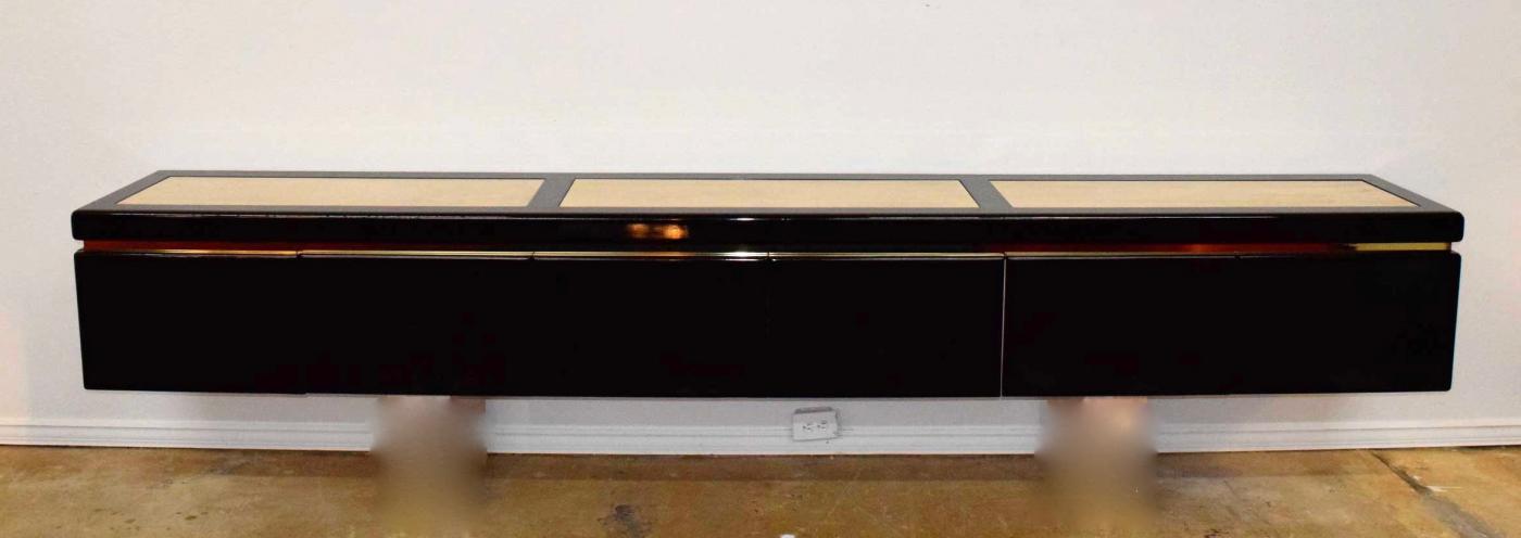 Very Large Custom Wall Hung Console in Black Lacquer and Travertine