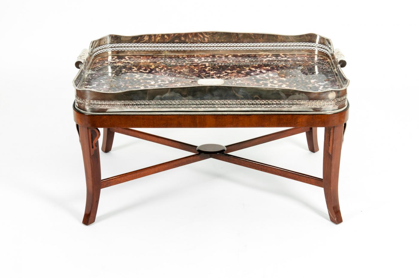 Very Large Plated High Border Tray Table / Tortoise Shell Interior