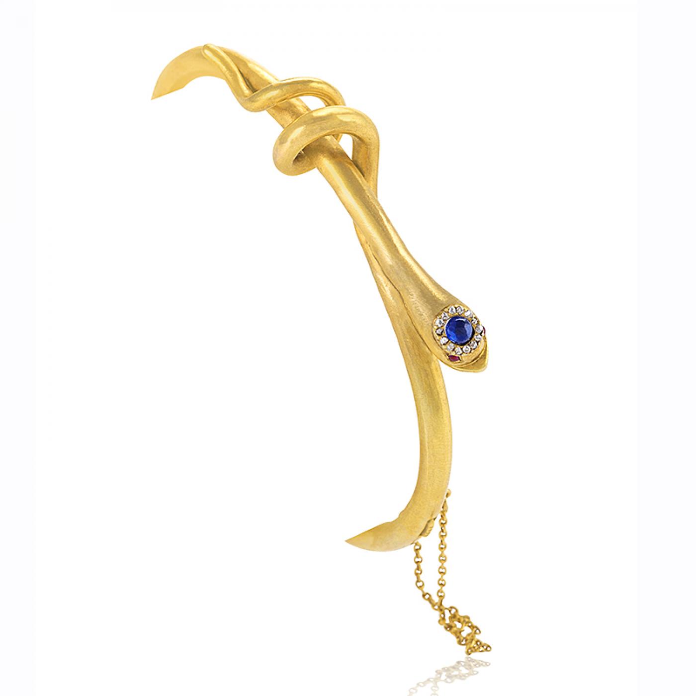 Victorian Gold Snake Bangle with Diamond, Sapphire and Ruby