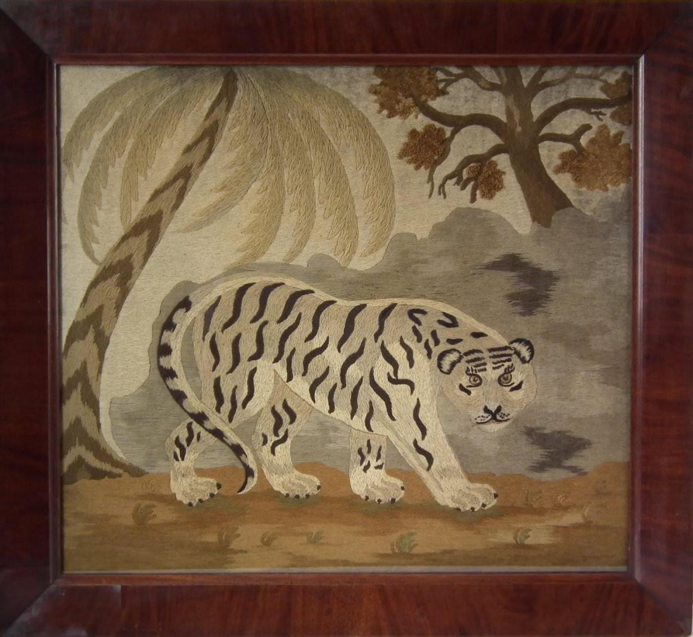 Victorian Wool Work Embroidered Picture of a Tiger