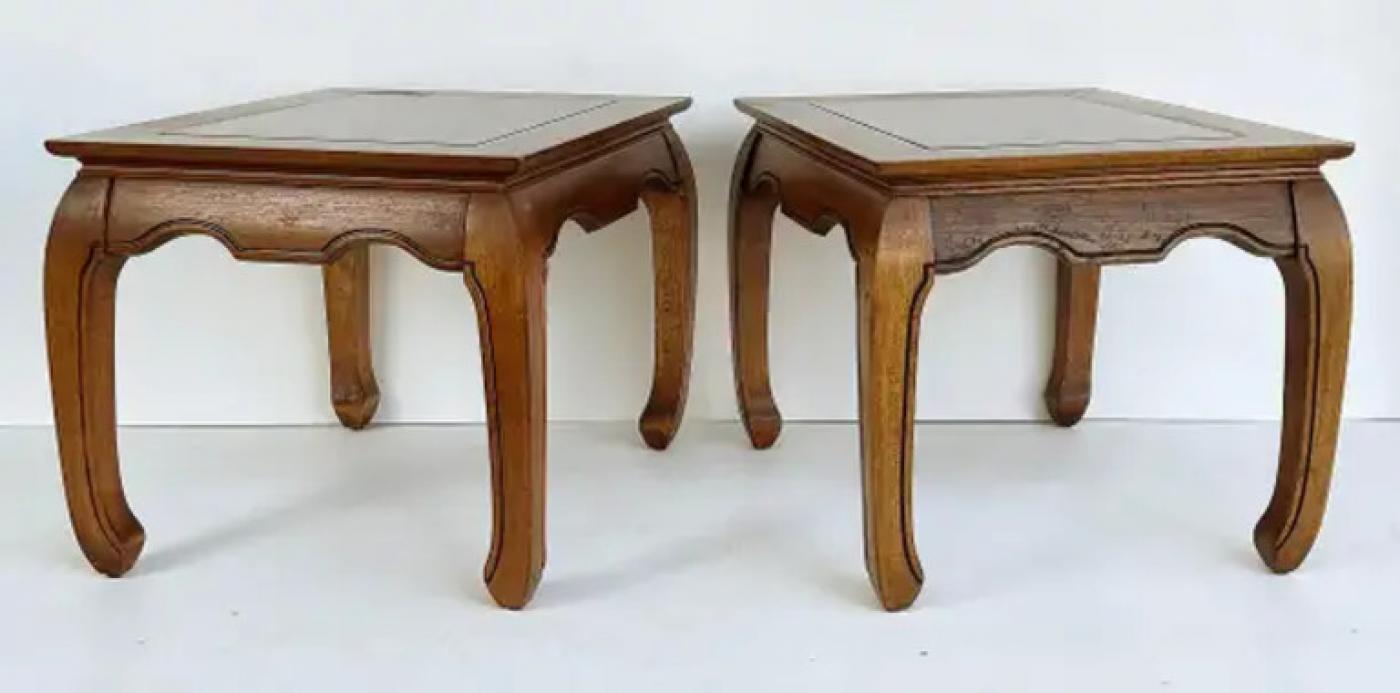 Vintage Asian-Inspired Wood Side Tables with inset Beveled Glass Tops