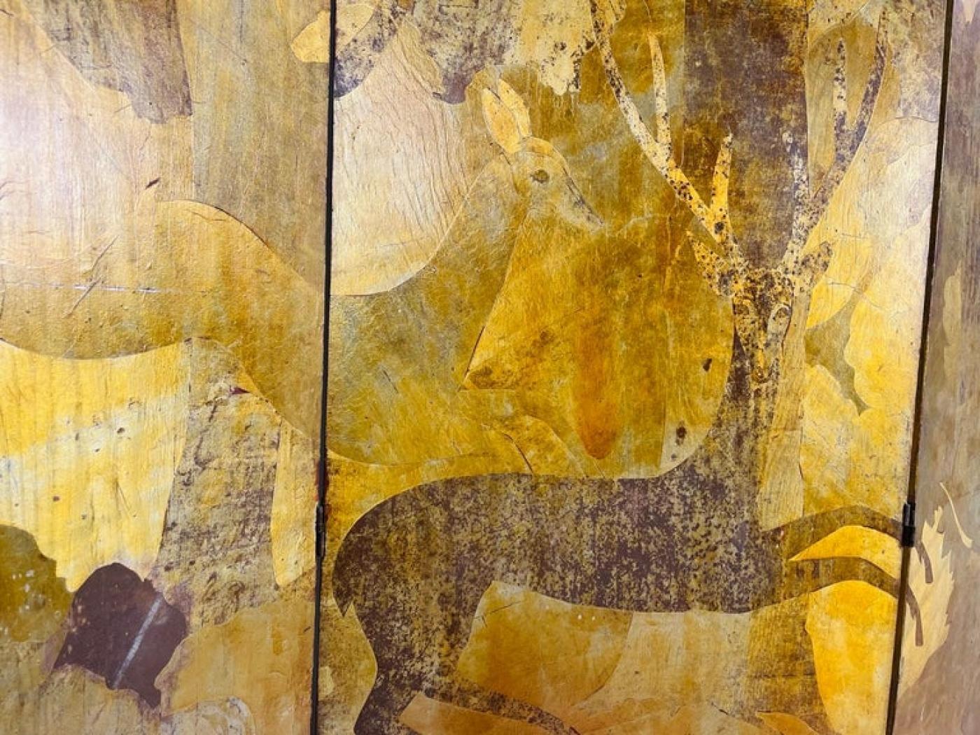 Vintage Folding Screen/Room Divider with Gold Leaf Flora & Fauna Details