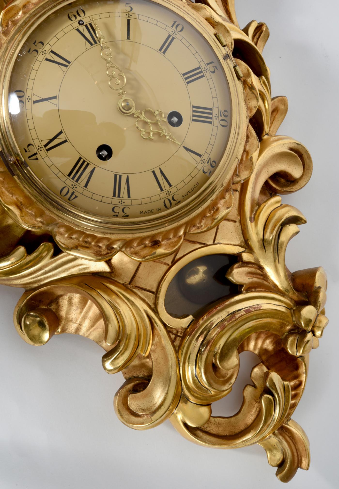 Vintage Gilt Wood Framed Swedish Wall Cartel Clock