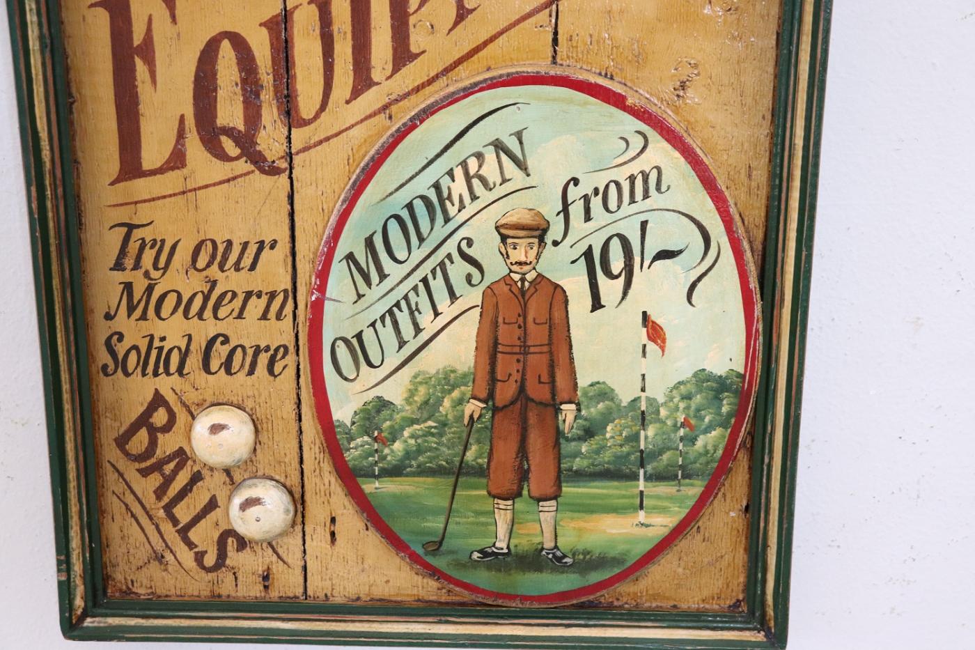 Vintage Hand Painted on Wood Advertising Sign for Golf Equipments, 1920s