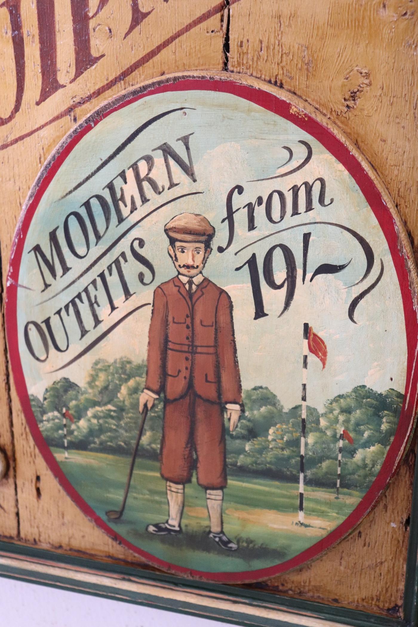 Vintage Hand Painted on Wood Advertising Sign for Golf Equipments, 1920s