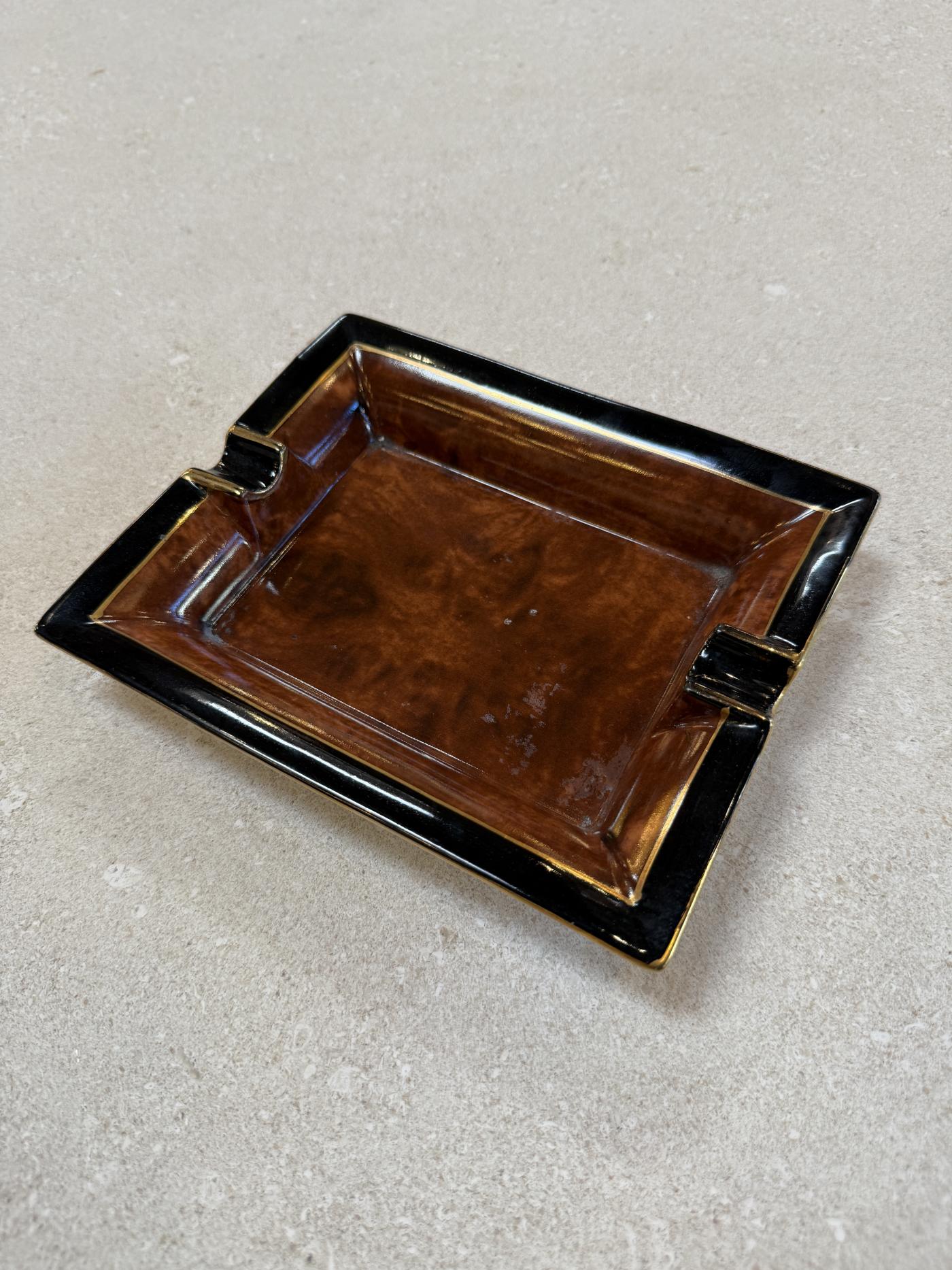 Vintage Italian Ceramic Ashtray with Brown Glaze and Black Border, 1970s