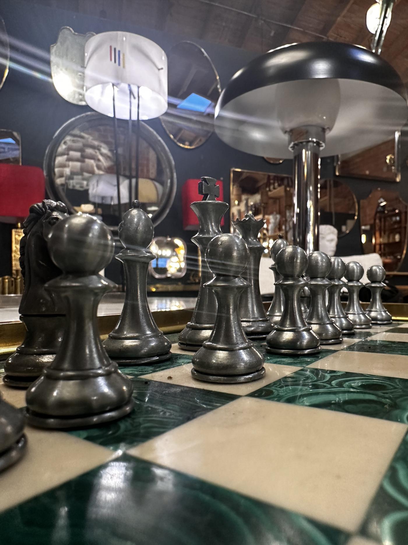 Vintage Italian Malachite Large Chess Set with Meta Pieces 1960s