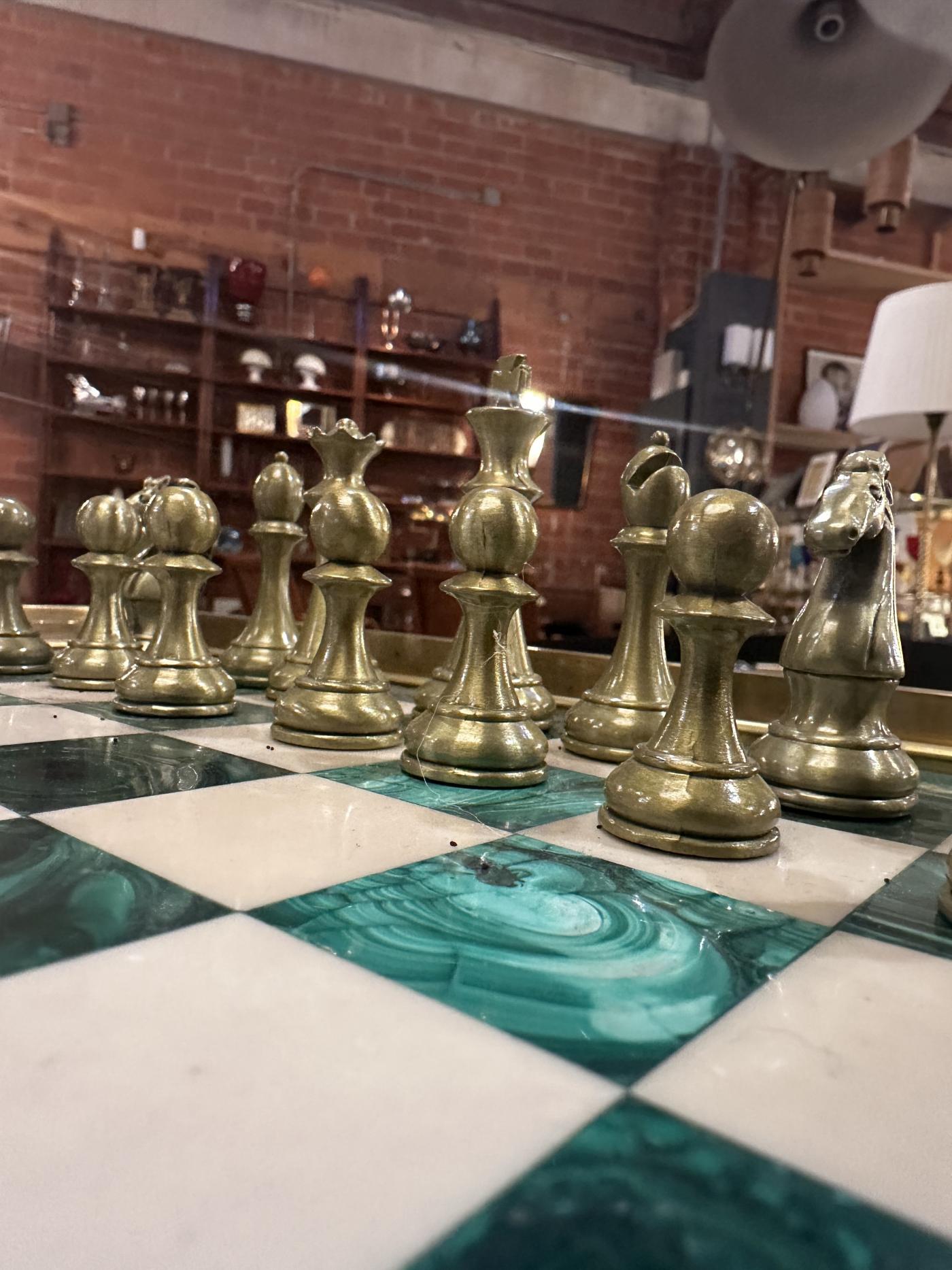 Vintage Italian Malachite Large Chess Set with Meta Pieces 1960s