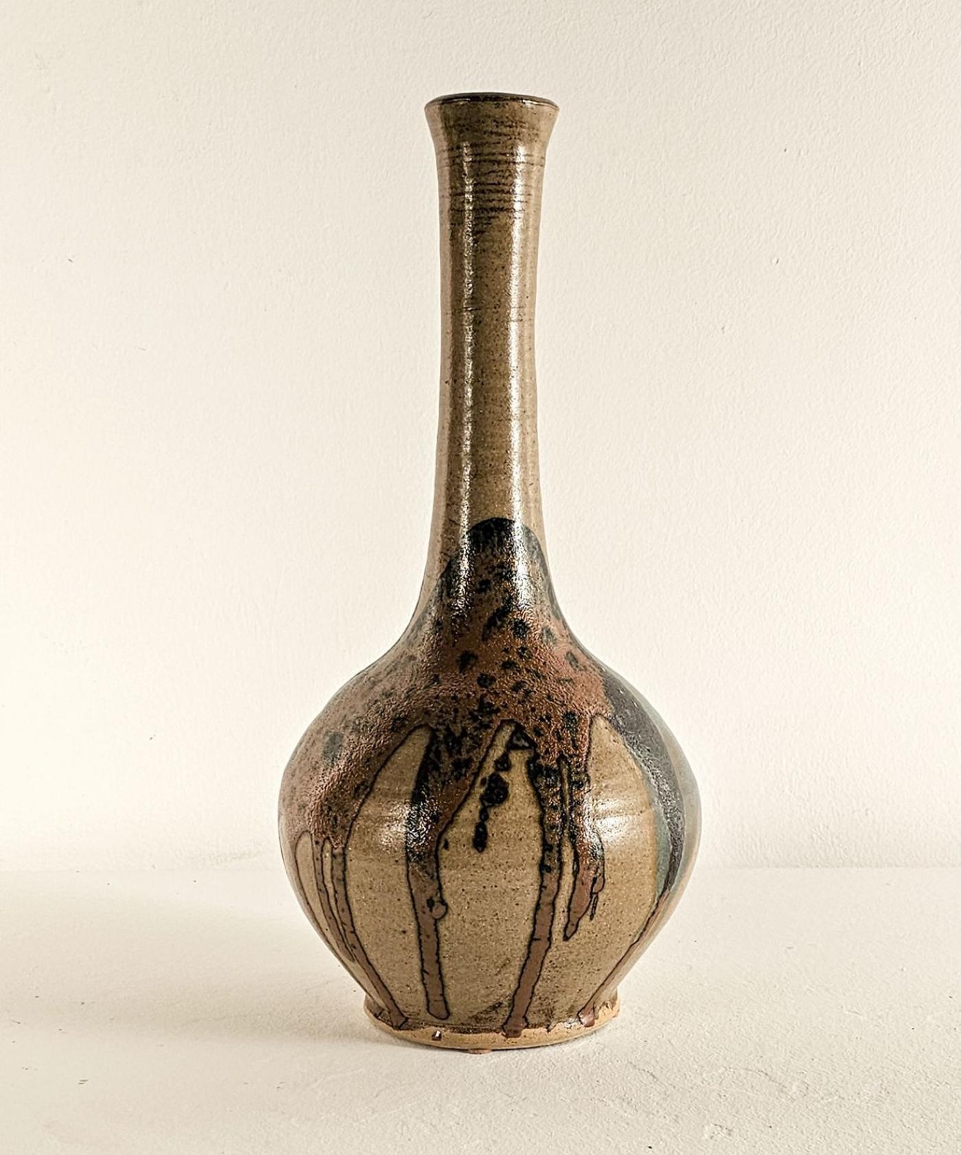 Vintage Japanese Art Pottery Stick Neck Vase, circa 1950