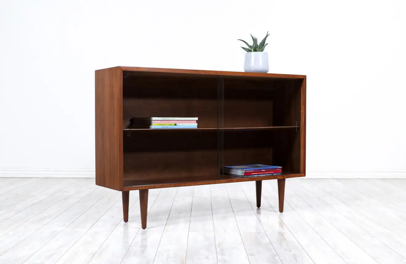 Vintage Mid-Century Modern Walnut Bookcase with Glass Sliding Doors