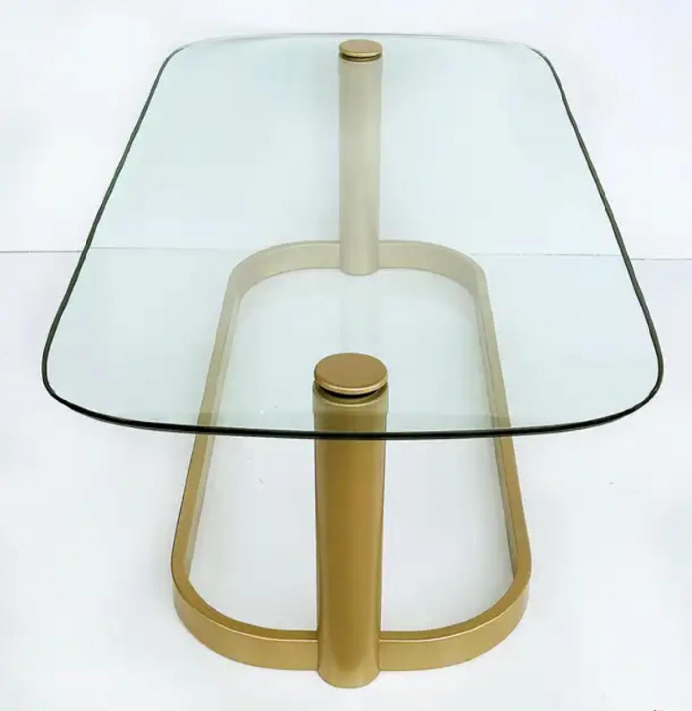 Vintage Modern Glass Top Coffee Table, Rounded Edges, Metal Base