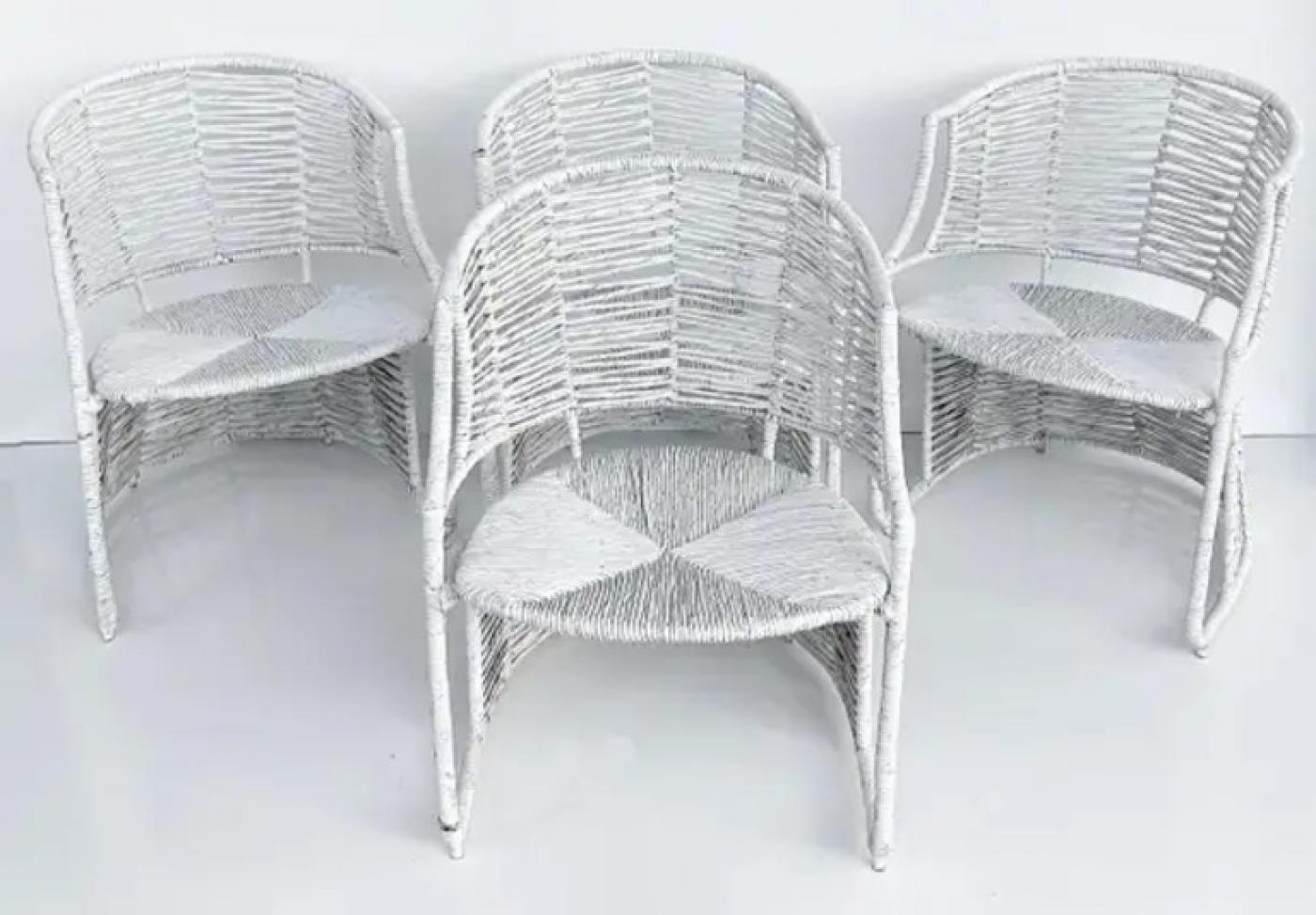 Vintage Painted Rush Wrapped Woven Armchairs with Metal Frames, Set of 4