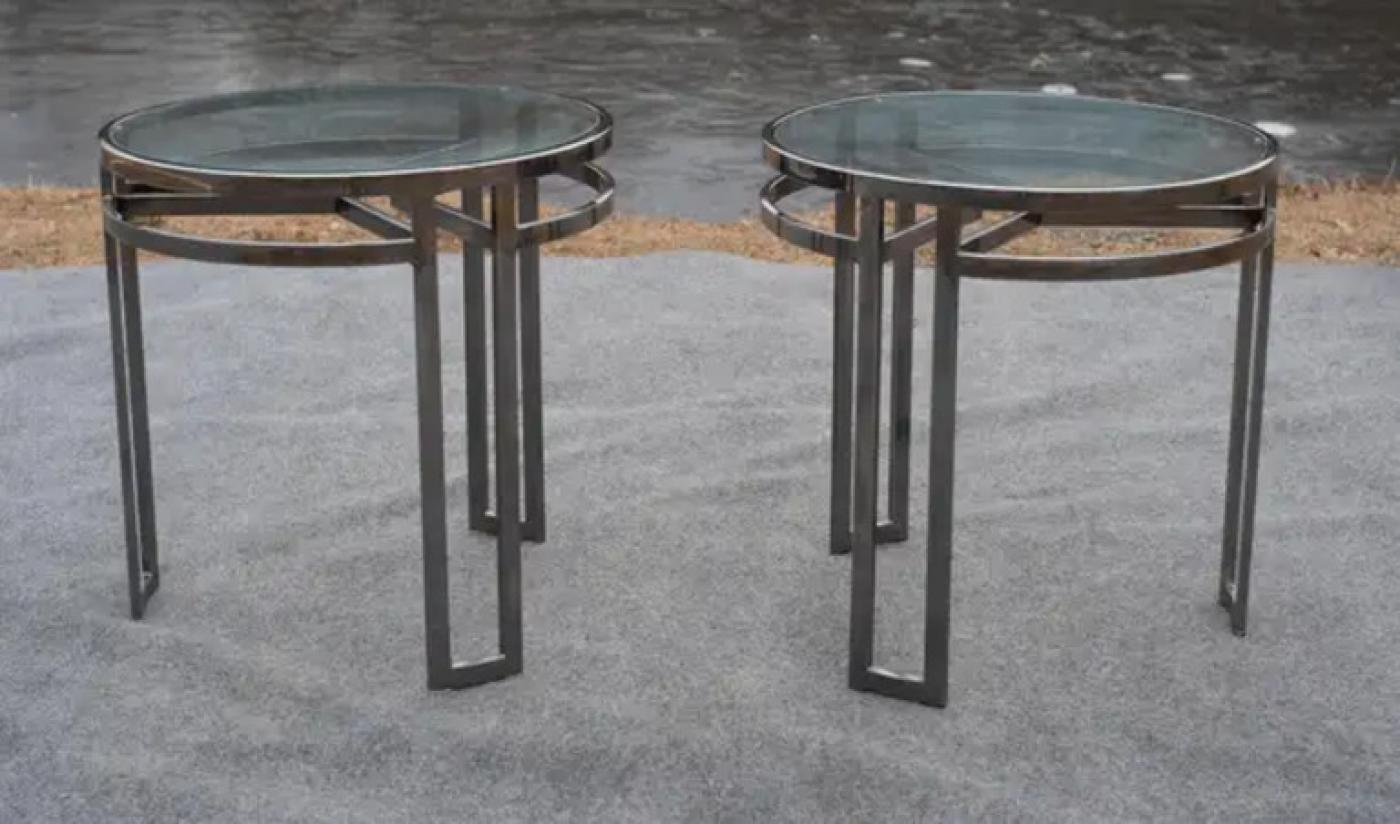 Vintage Pair Post-Modern Side or End Tables Chrome & Glass Architectural Style