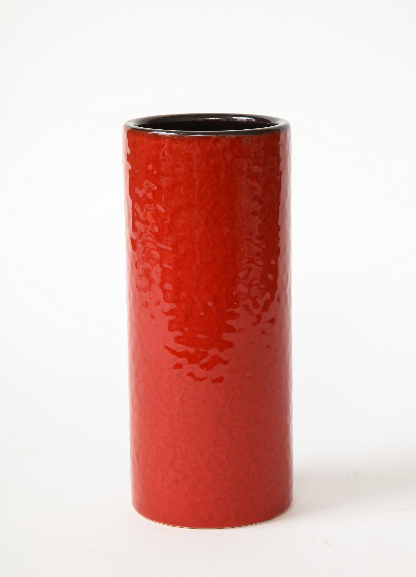 Vintage Red Ceramic Cylinder Vase with Glazed Black Interior