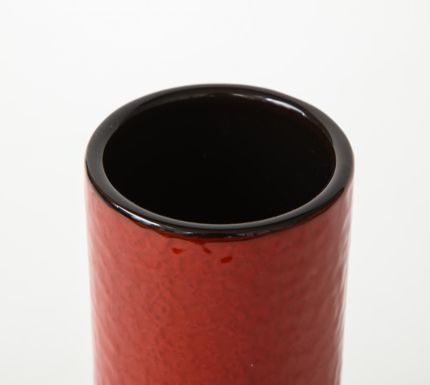 Vintage Red Ceramic Cylinder Vase with Glazed Black Interior