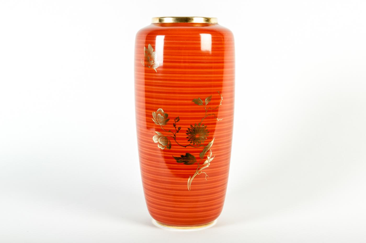 Vintage Umber Ceramic and Gilt Vase with Gold Flower Pattern