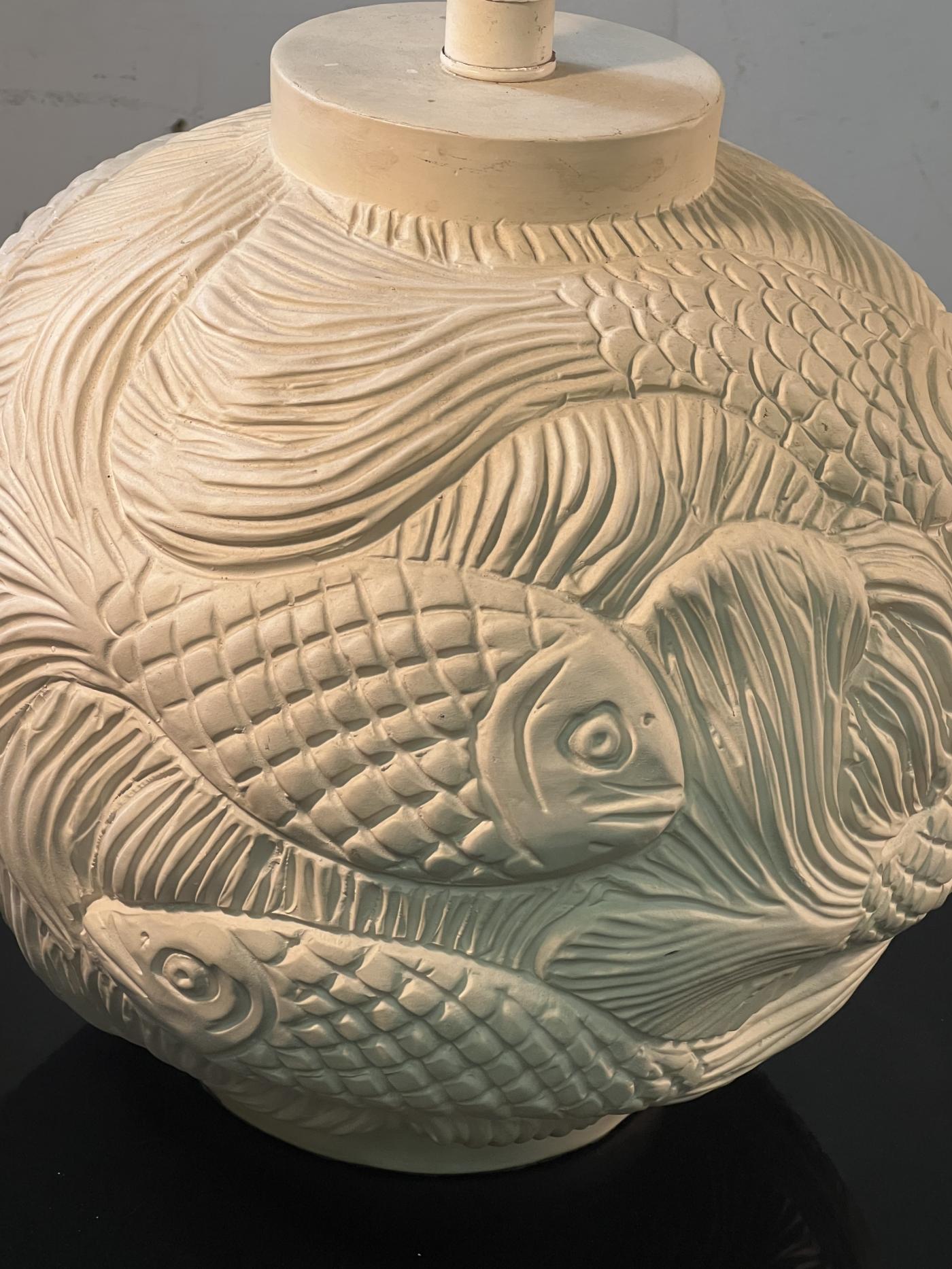 WONDERFUL PAIR OF ART DECO REVIVAL WHITE PLASTER FISH LAMPS