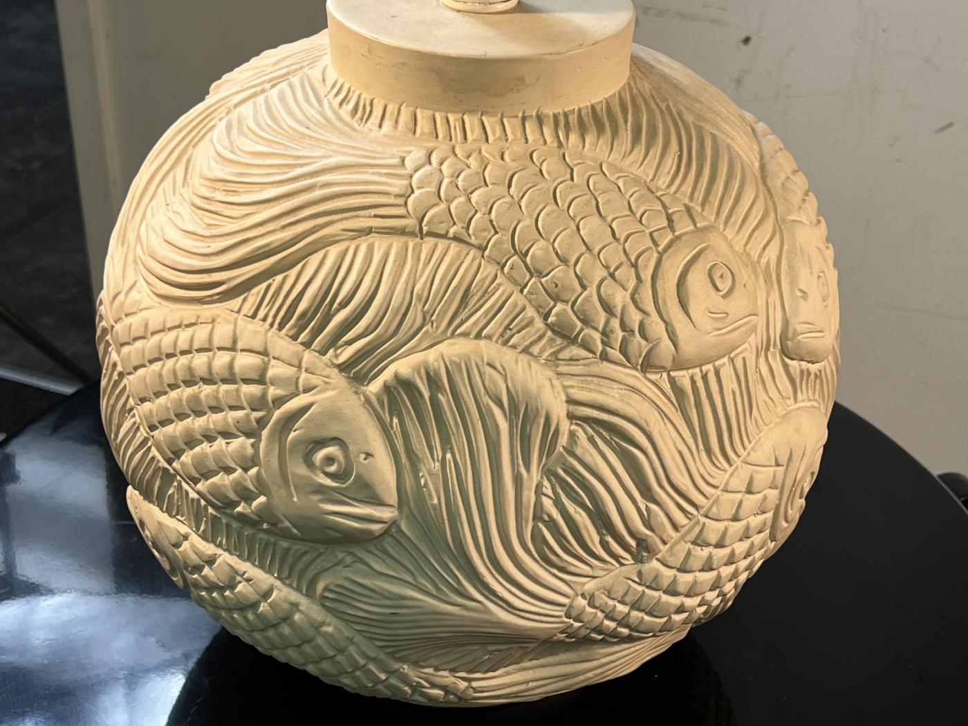 WONDERFUL PAIR OF ART DECO REVIVAL WHITE PLASTER FISH LAMPS