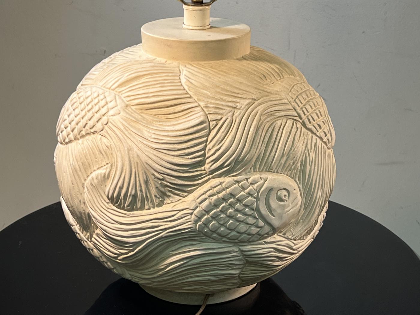 WONDERFUL PAIR OF ART DECO REVIVAL WHITE PLASTER FISH LAMPS