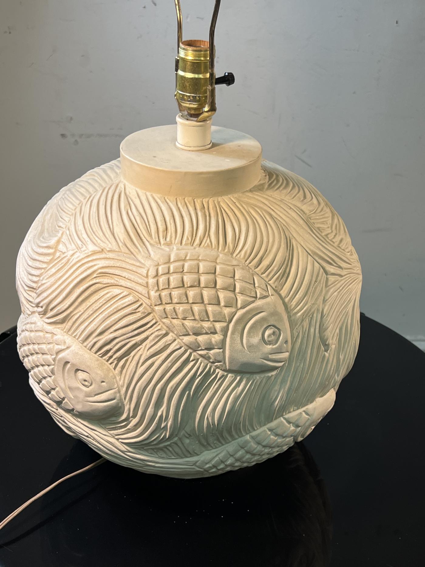 WONDERFUL PAIR OF ART DECO REVIVAL WHITE PLASTER FISH LAMPS