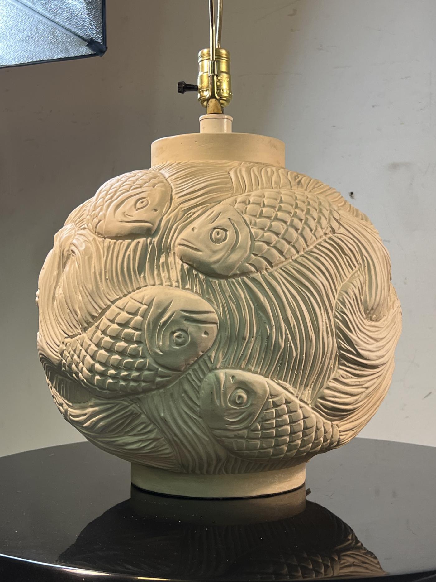 WONDERFUL PAIR OF ART DECO REVIVAL WHITE PLASTER FISH LAMPS