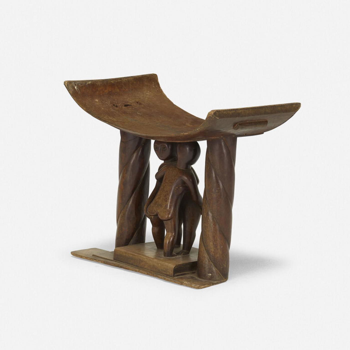 WOODEN CARVED AKAN STOOL WITH WRESTLERS