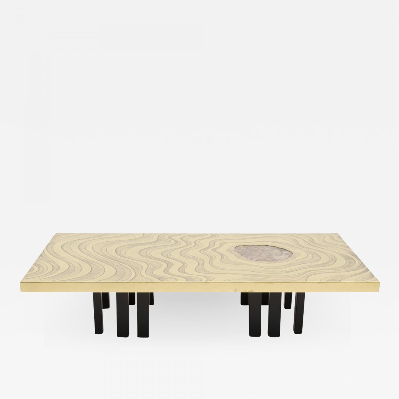 Willy Daro - A large coffee table in etched brass inlay fossilized wood ...