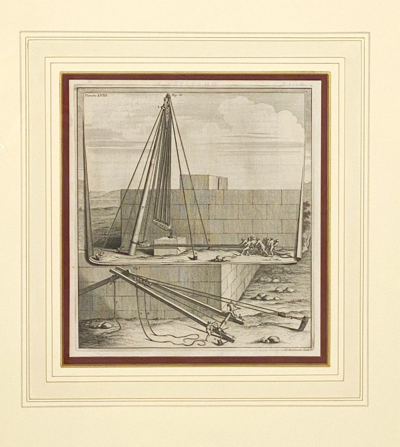 "Workmen On A Building Site" Engraving, Flemish Engraving, 18th Century