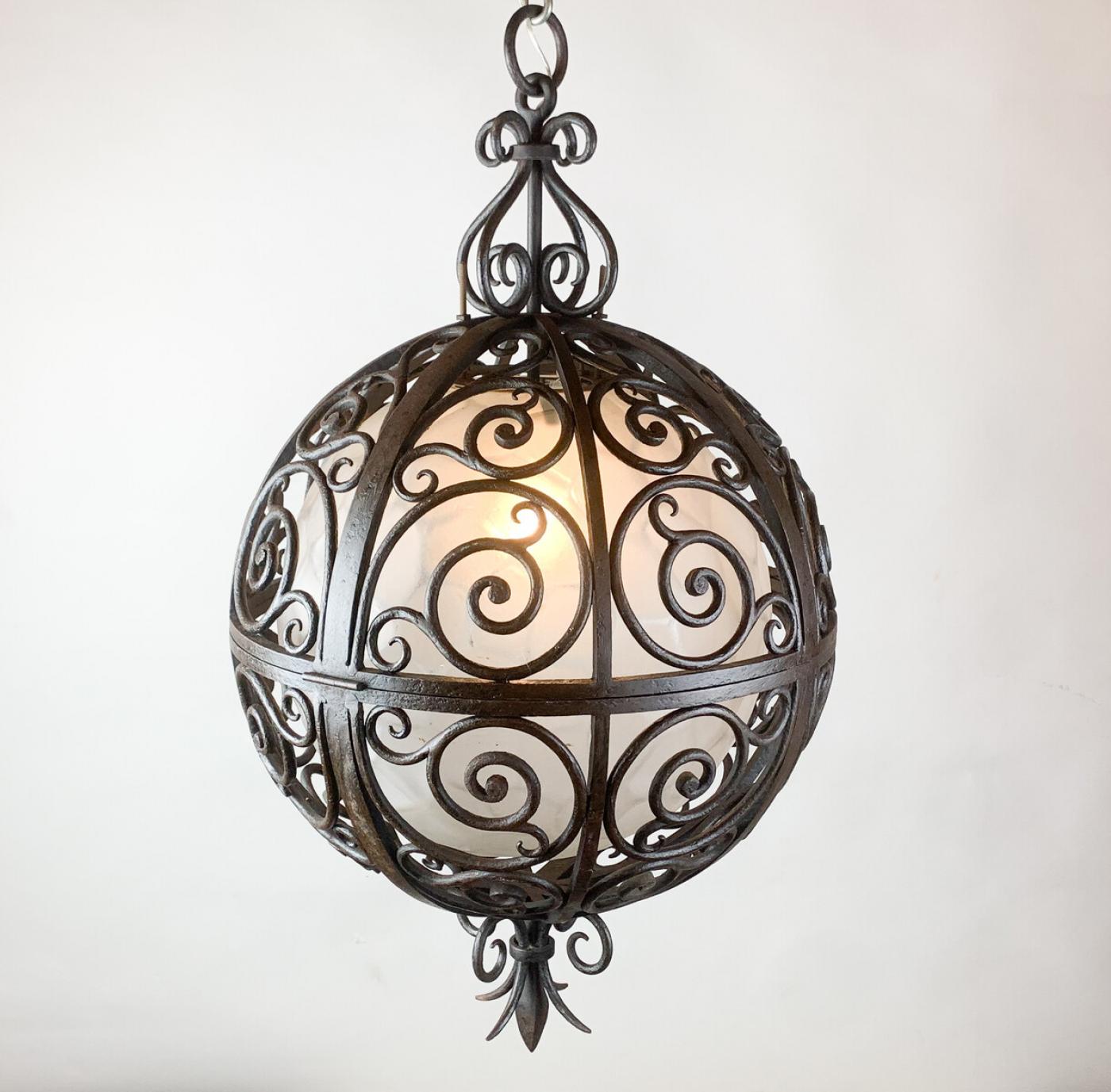 Wrought Iron Round Suspension Lamp with Interior Glass Sphere