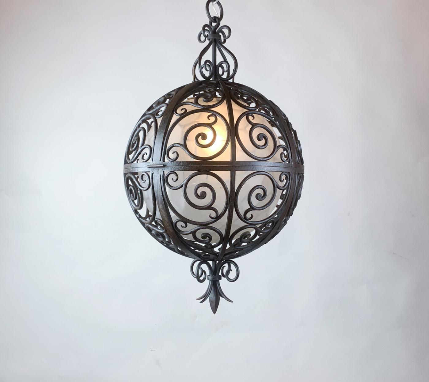 Wrought Iron Round Suspension Lamp with Interior Glass Sphere
